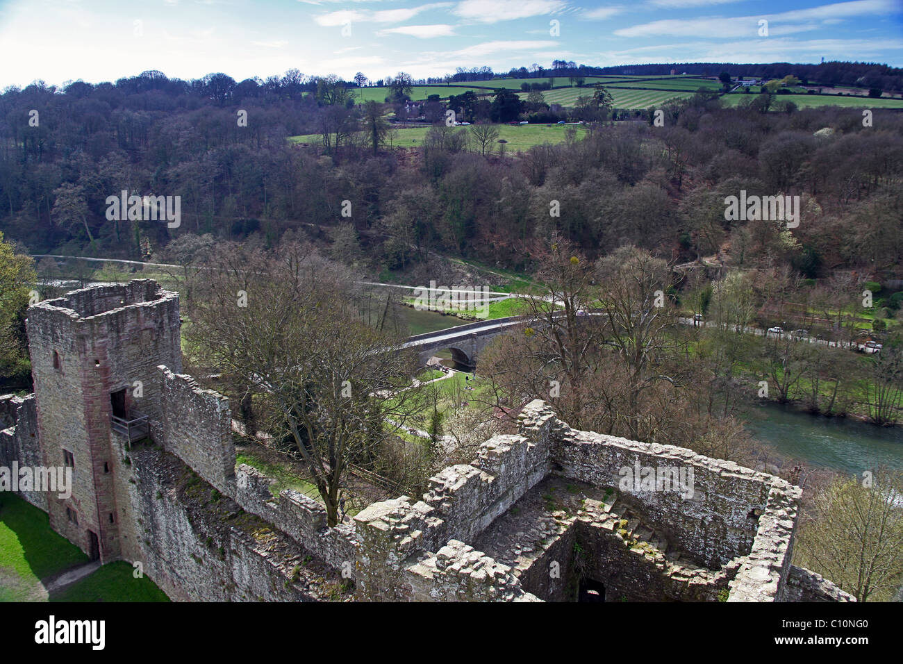 Ludlow Castle walls and Mortimer's Tower overlooking the River Teme ...