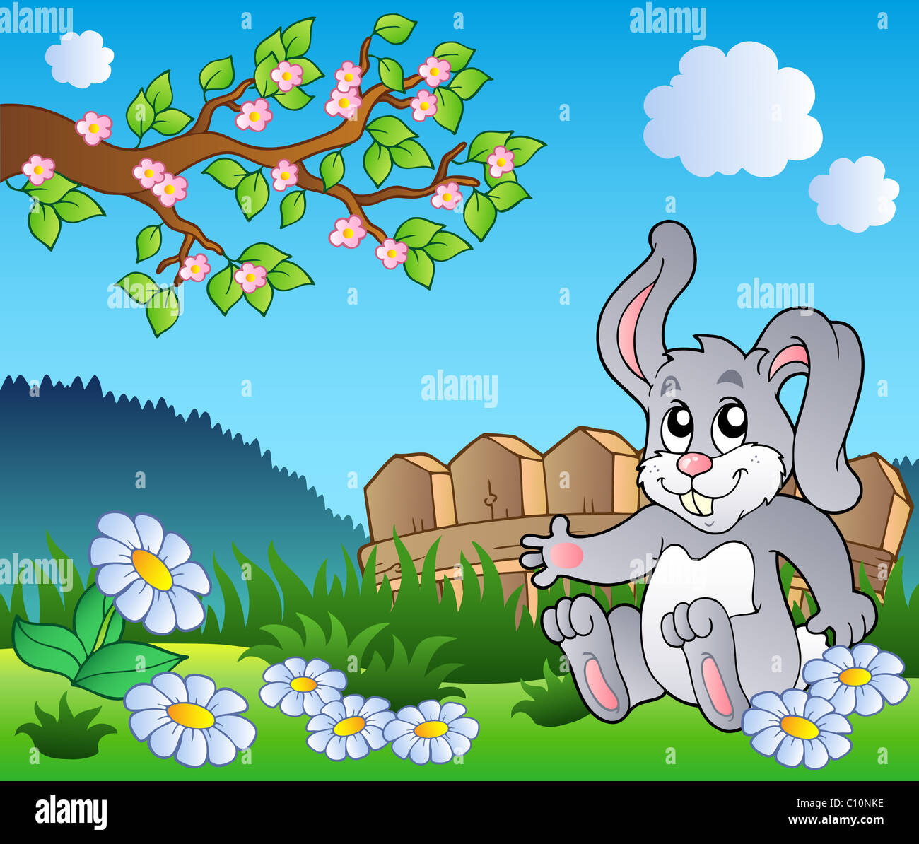 Cute bunny on small meadow - color illustration Stock Photo - Alamy