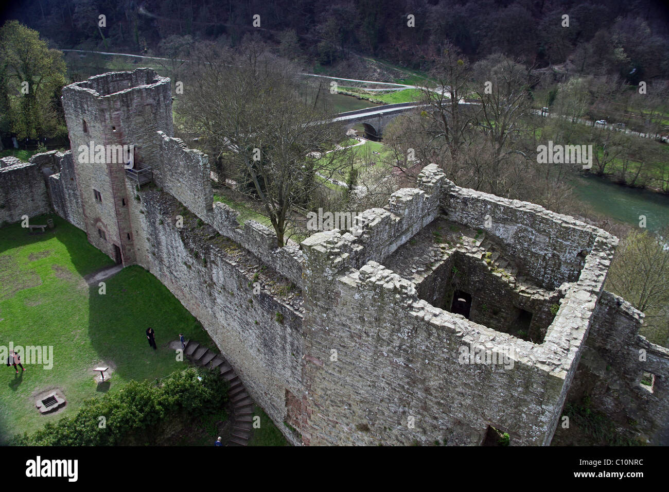 Ludlow Castle walls and Mortimer's Tower overlooking the River Teme ...