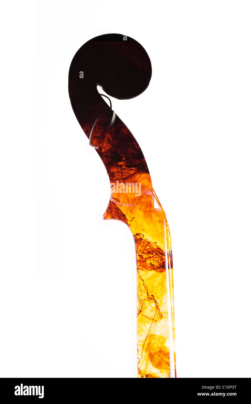 Side view of neck, scroll and pegbox of a traditional wood violin with ...