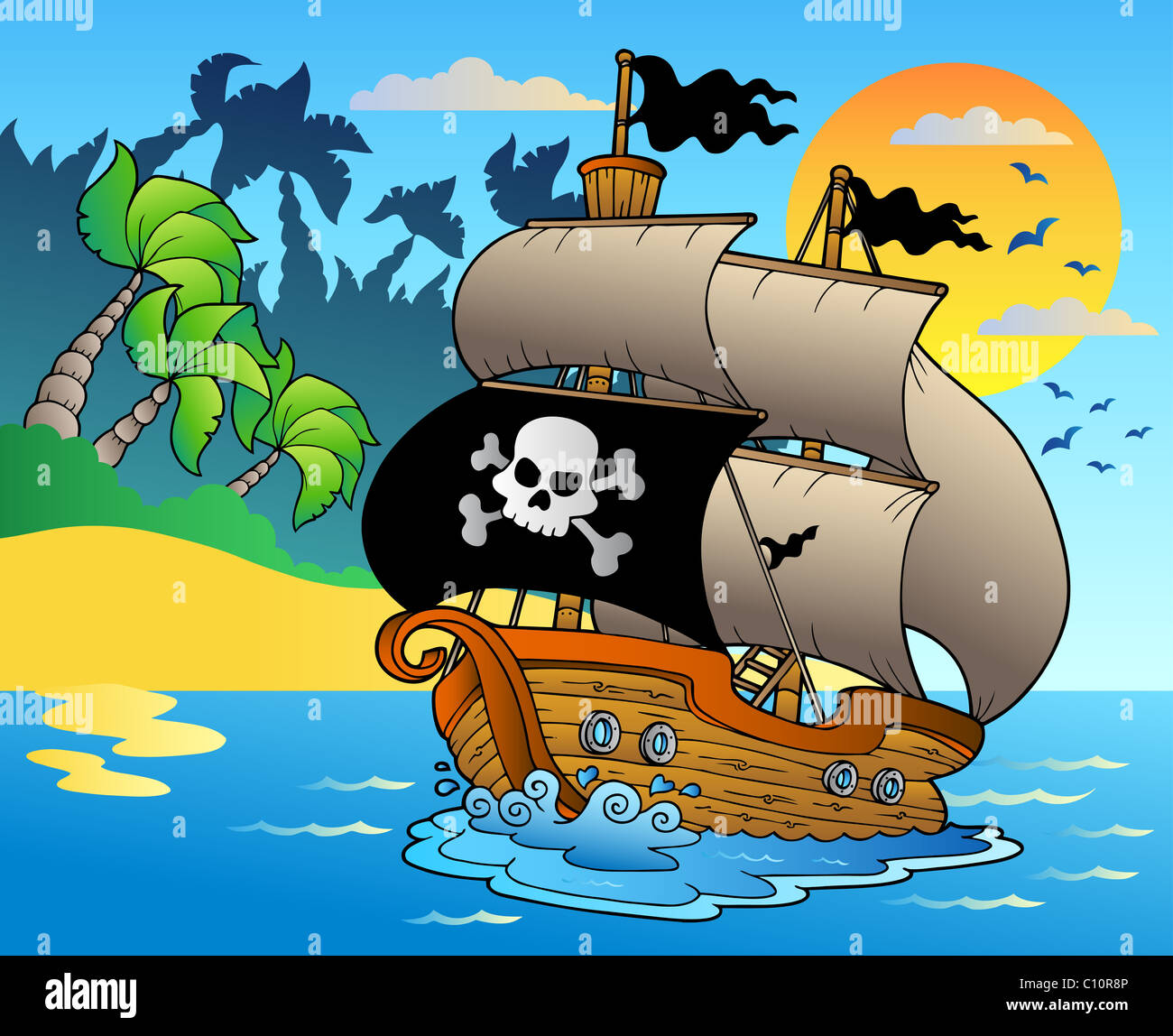 Sea with wooden pirate ship - color illustration Stock Photo - Alamy
