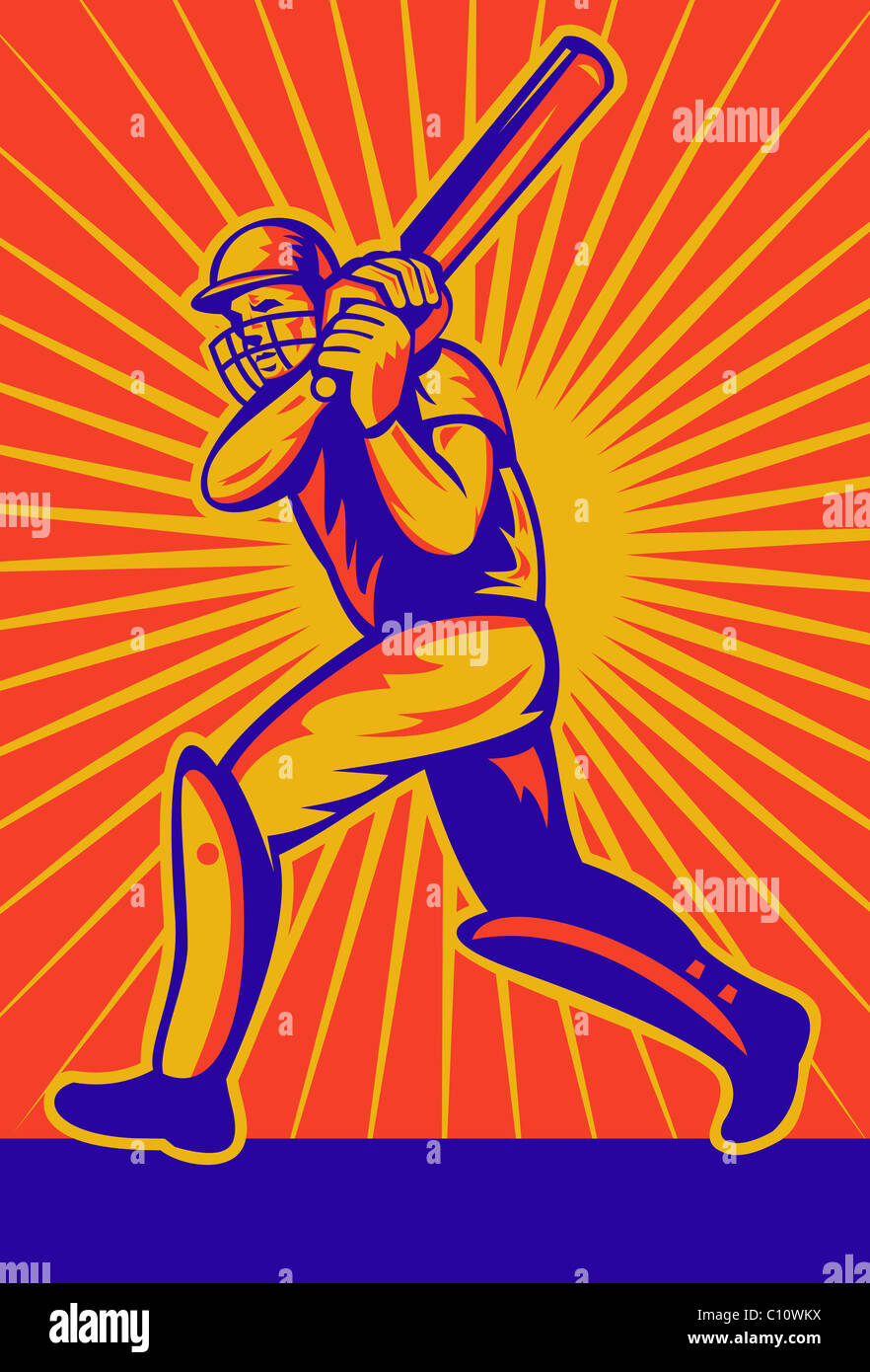 illustration of a cricket batsman batting front view with sunburst in ...