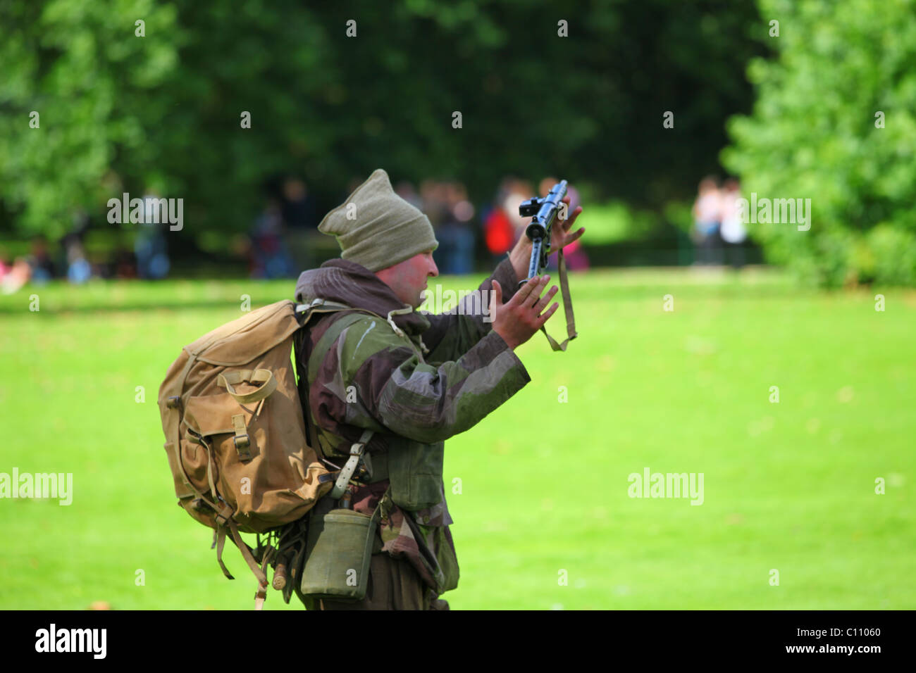 Reconstruction WW2 British soldier with Sten machine gun Stock Photo ...