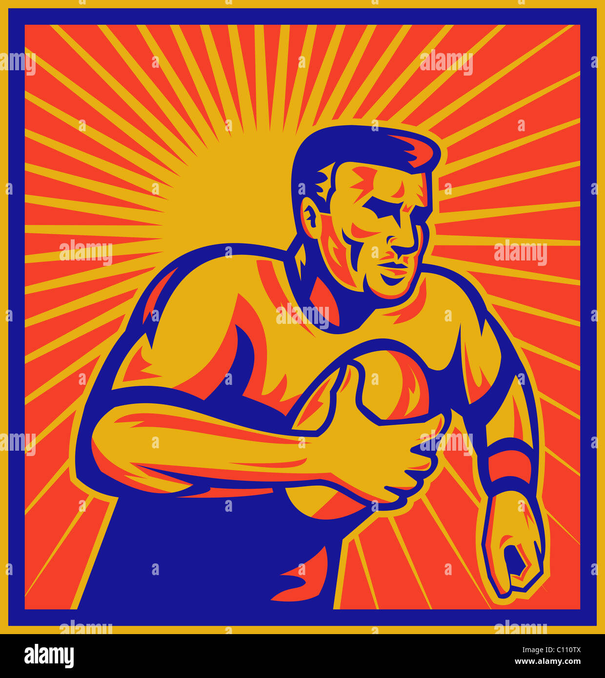 illustration of a rugby player running with ball with sunburst in ...