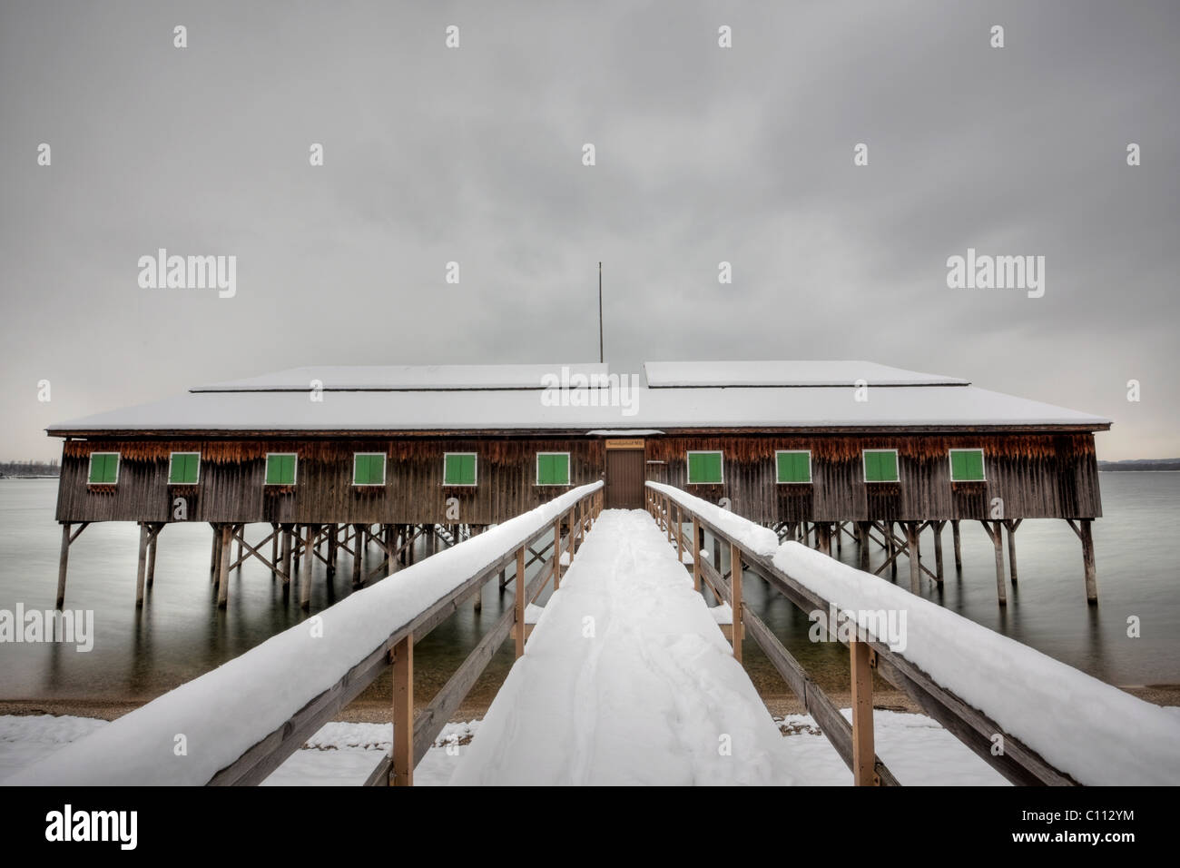 Bath house in winter at Lake Constance in Bregenz, Austria, Europe ...