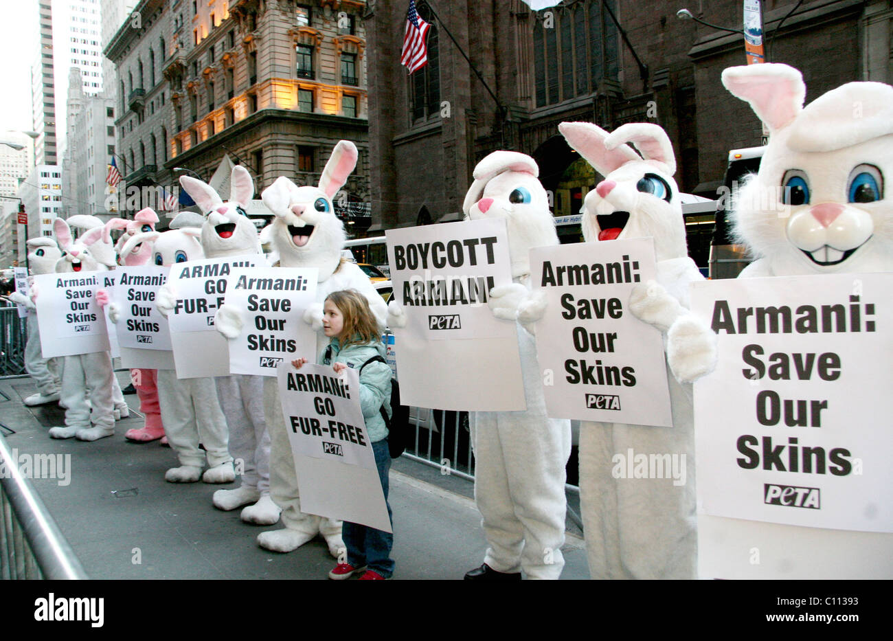 Peta protestors dressed as rabbits outside the Armani store opening on ...