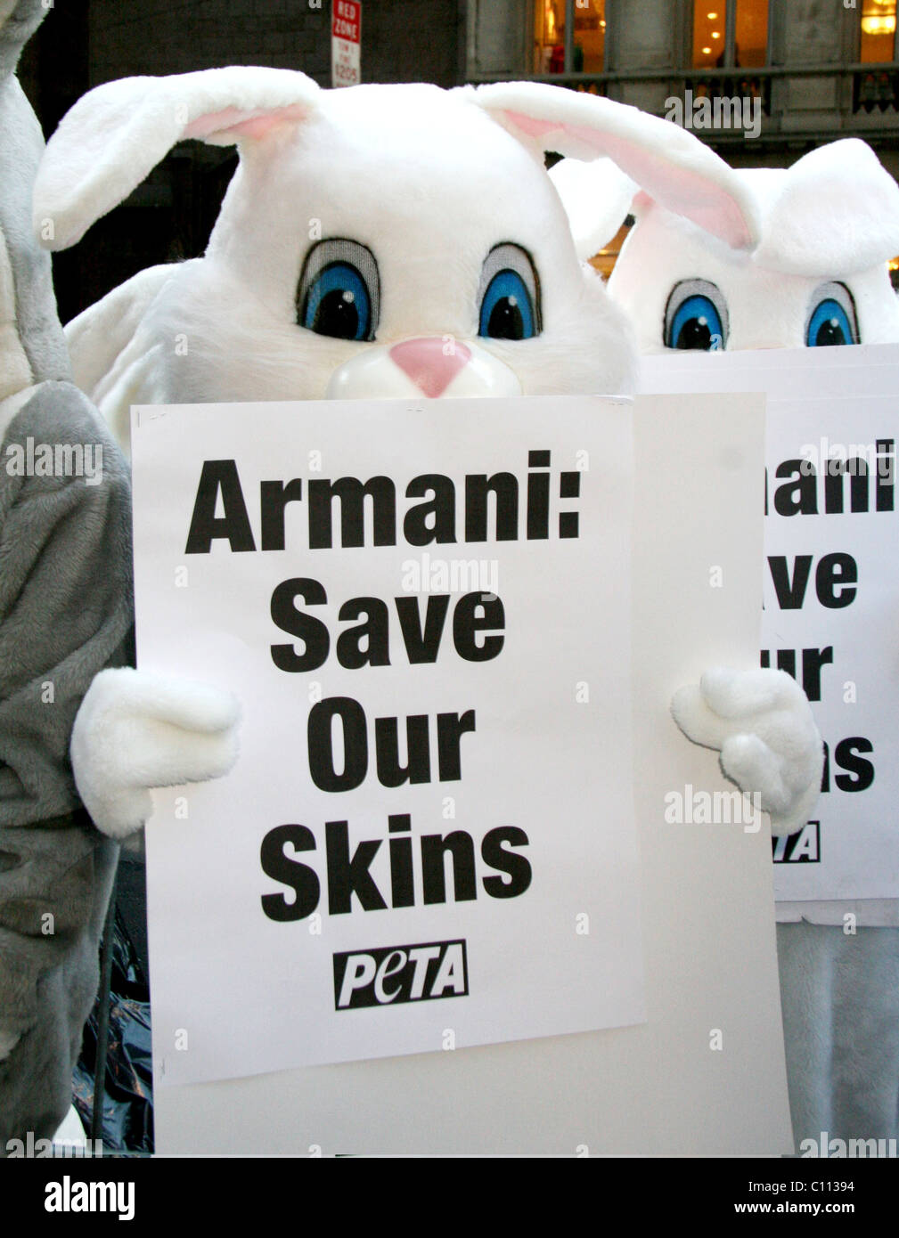 Peta protestors dressed as rabbits outside the Armani store opening on ...