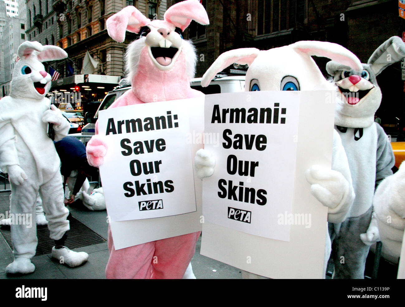 Peta protestors dressed as rabbits outside the Armani store opening on ...