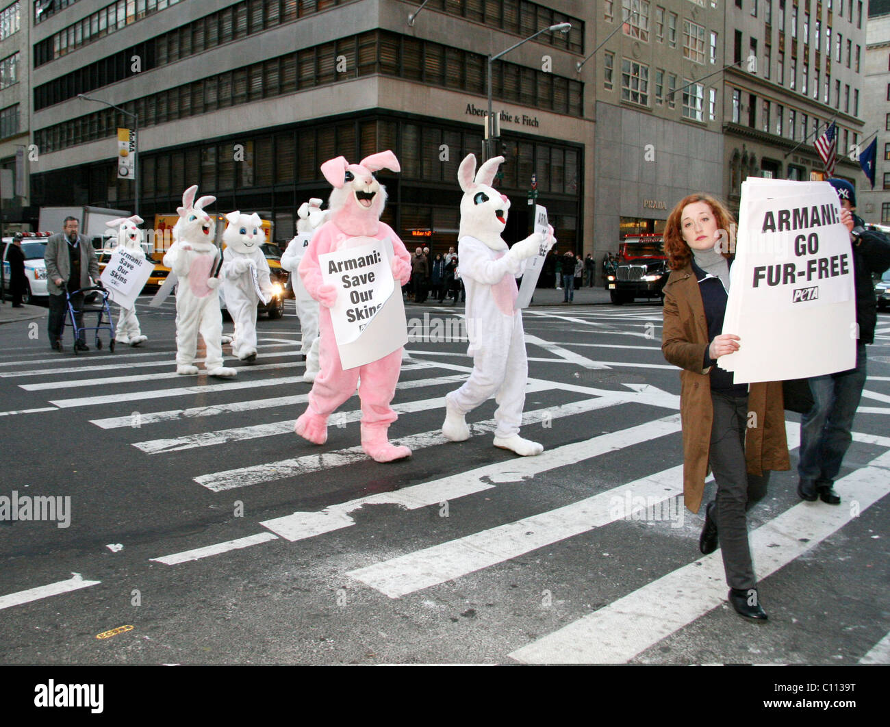 Peta protestors dressed as rabbits outside the Armani store opening on ...