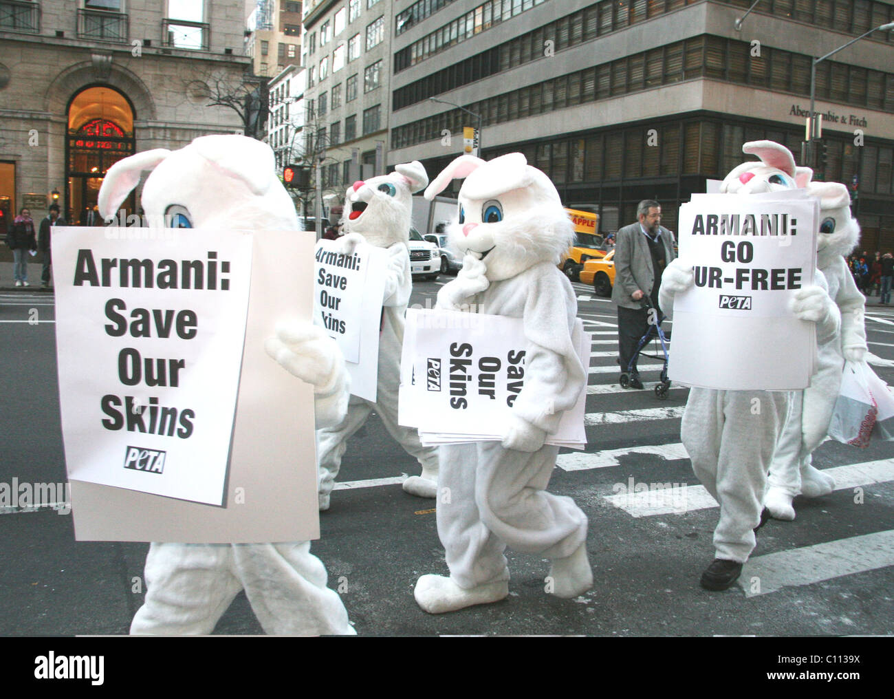 Peta protestors dressed as rabbits outside the Armani store opening on ...