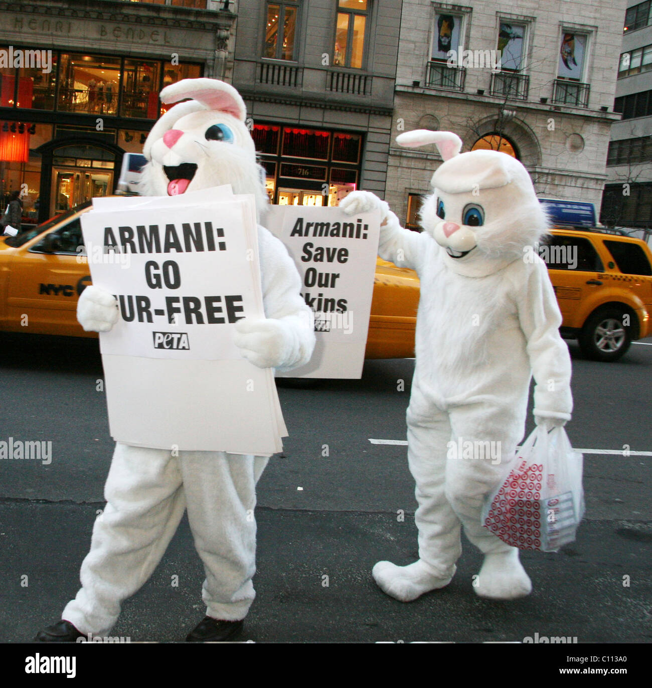 Peta protestors dressed as rabbits outside the Armani store opening on ...