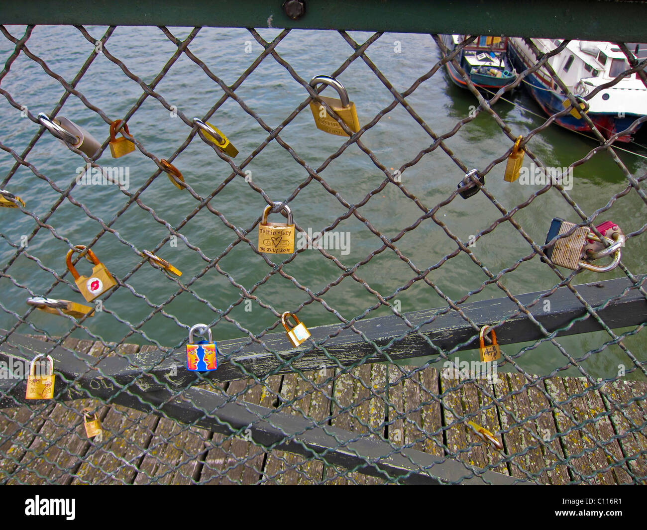 Paris, France, Close up, Locks on Bridge on Seine River, Pont des Arts ...