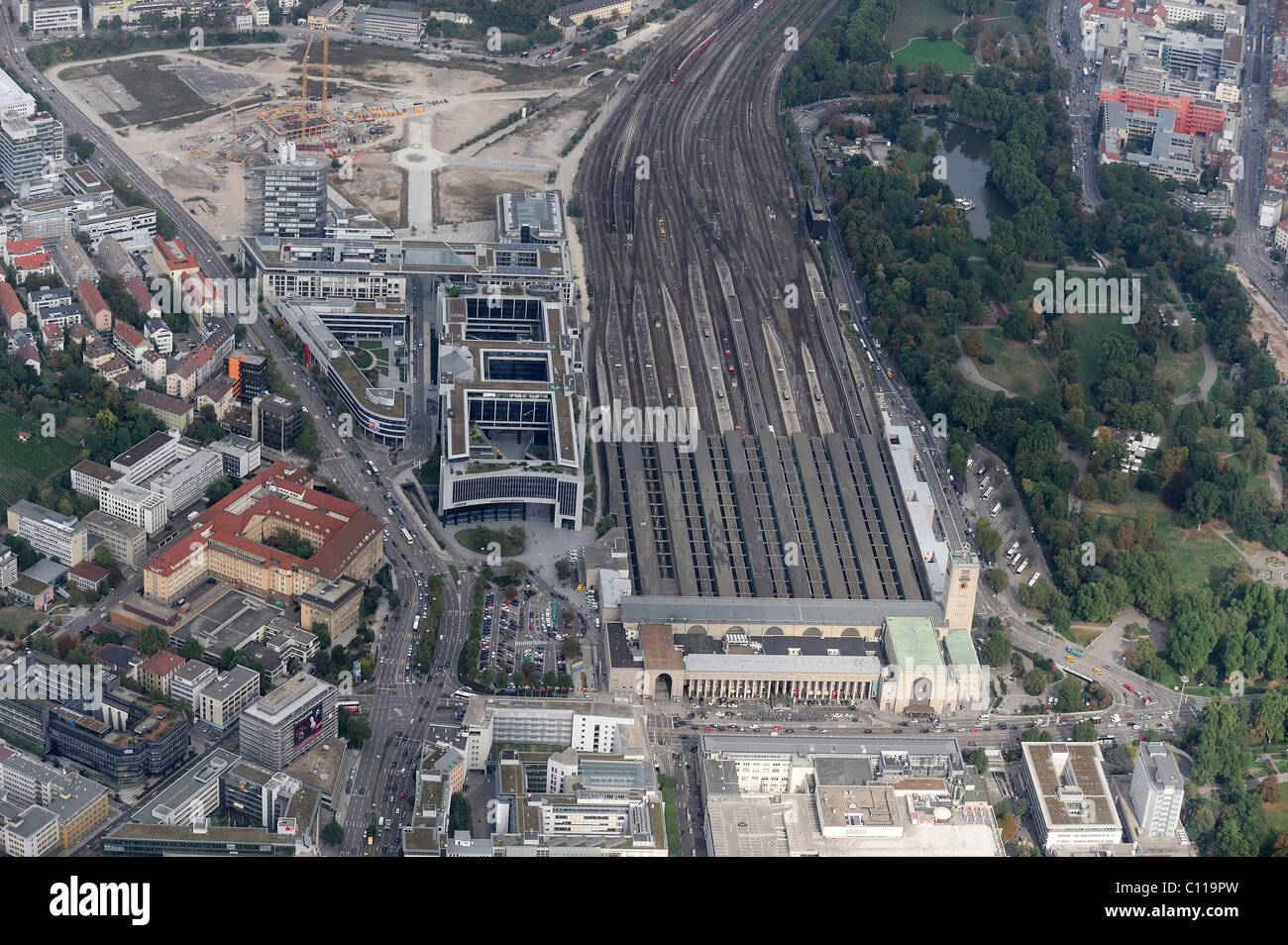 Aerial view of downtown Stuttgart, main train station in 2009, before ...