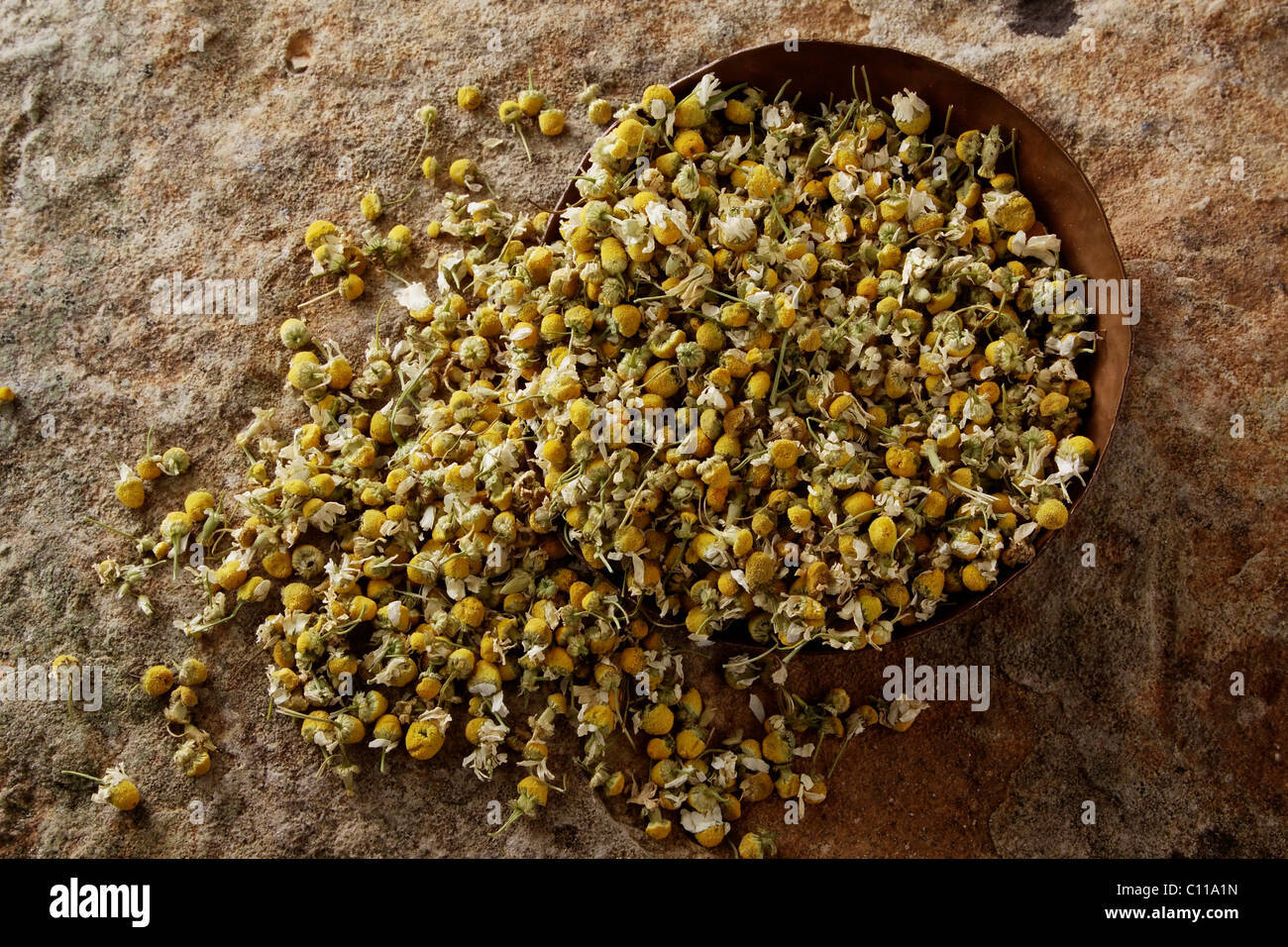 German Chamomile (Matricaria chamomilla), blossoms, in a copper bowl on ...