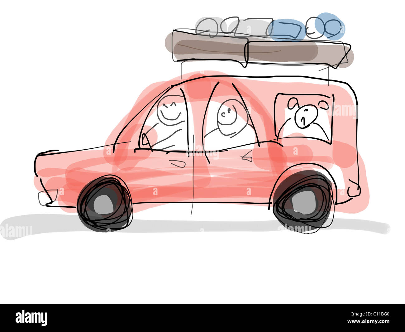 cartoon illustration of car loaded with family dog and luggage tied to ...