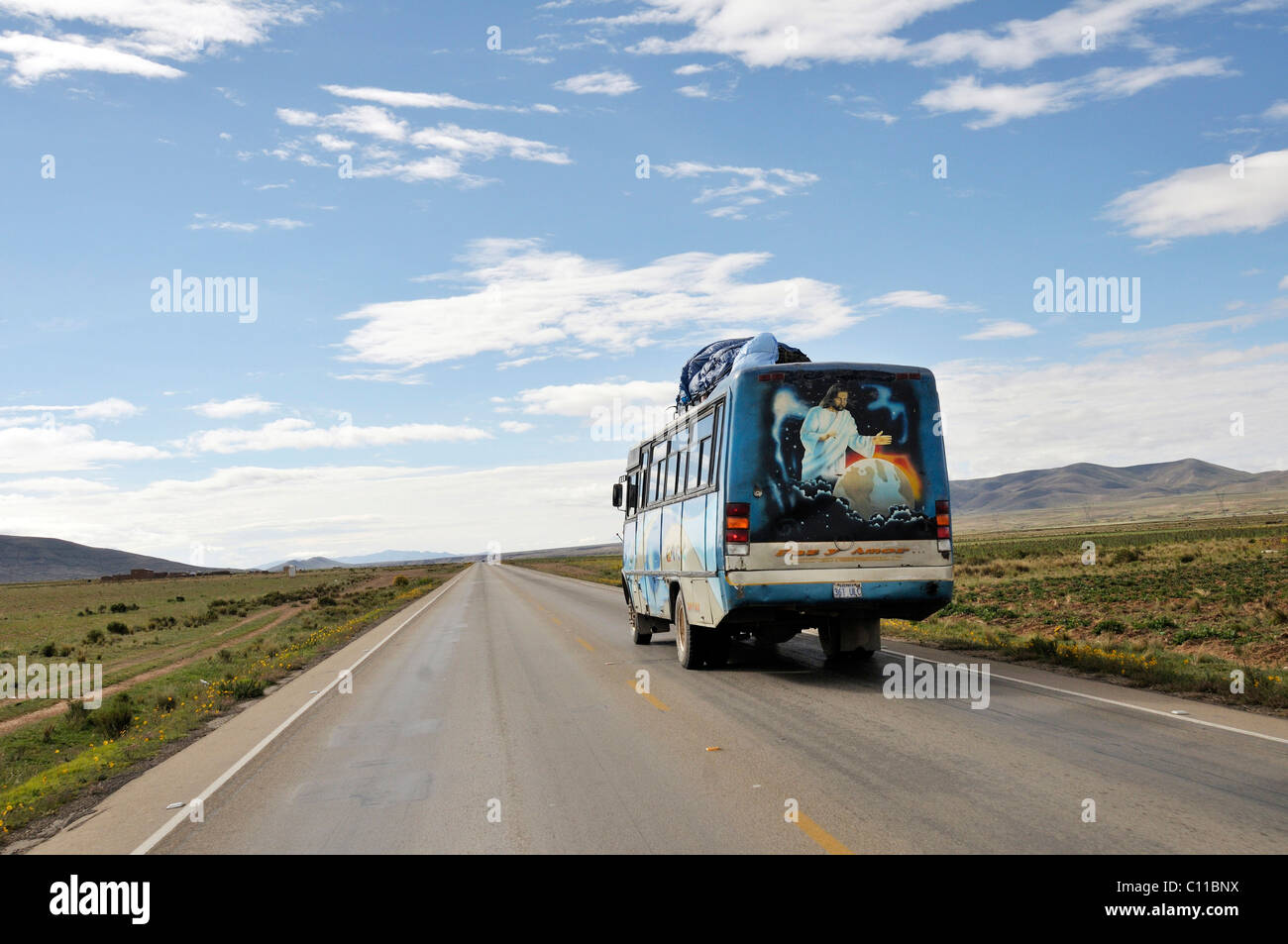 Bus with a religious picture, Jesus as Lord of the world, Bolivian ...