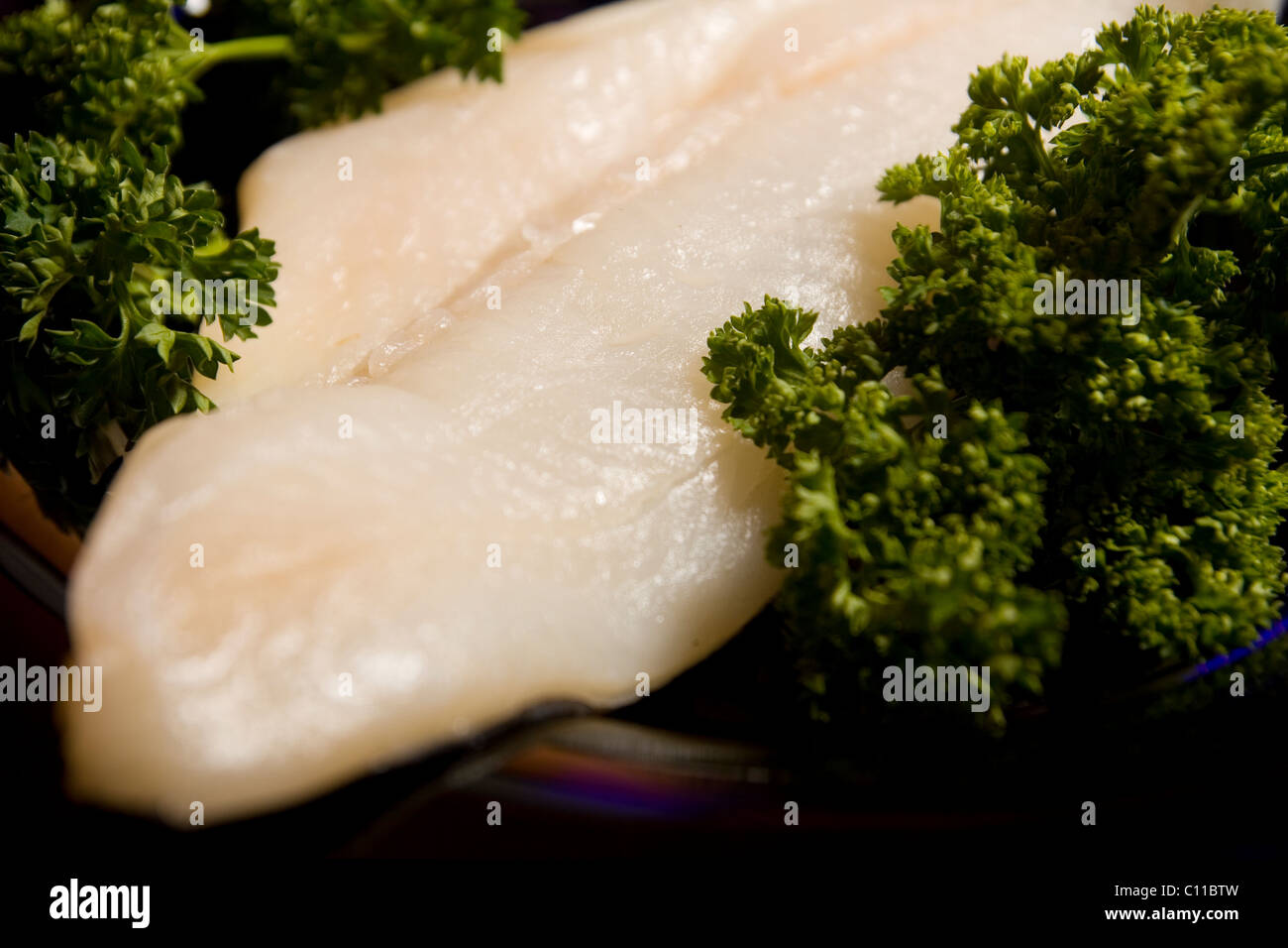 fillet of Haddock on blue plate Stock Photo - Alamy