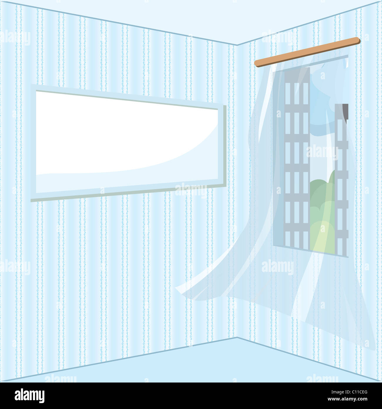 room with a window, wallpaper and curtains Stock Photo - Alamy