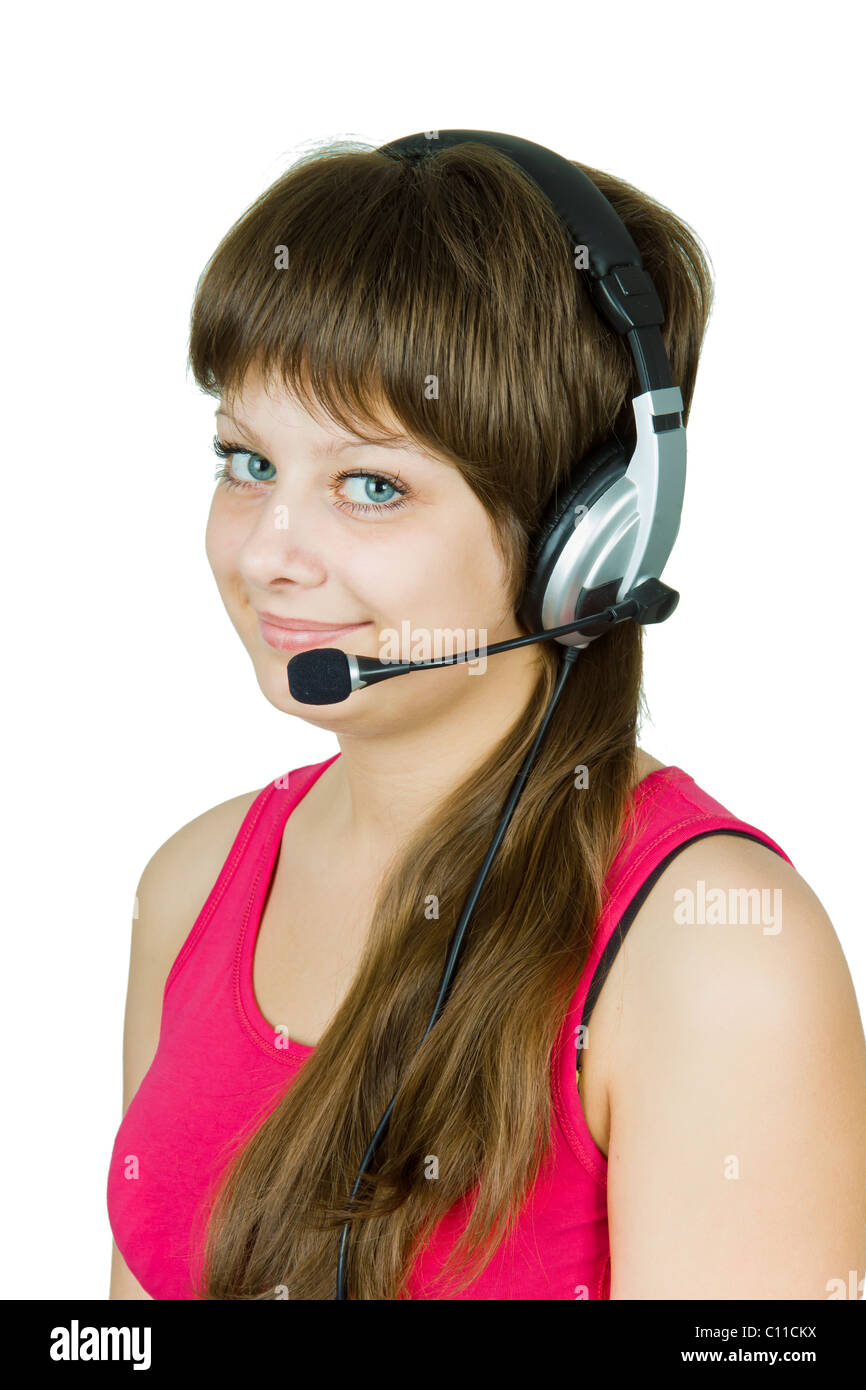 beautiful young smiling girl in headphones with microphone Stock Photo ...
