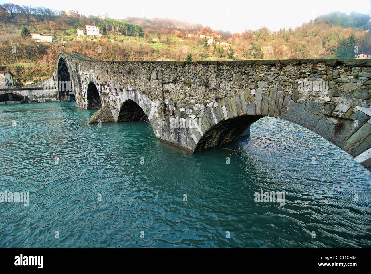 Detail of Devil's Bridge, a famous landmark in the countryside of Lucca ...