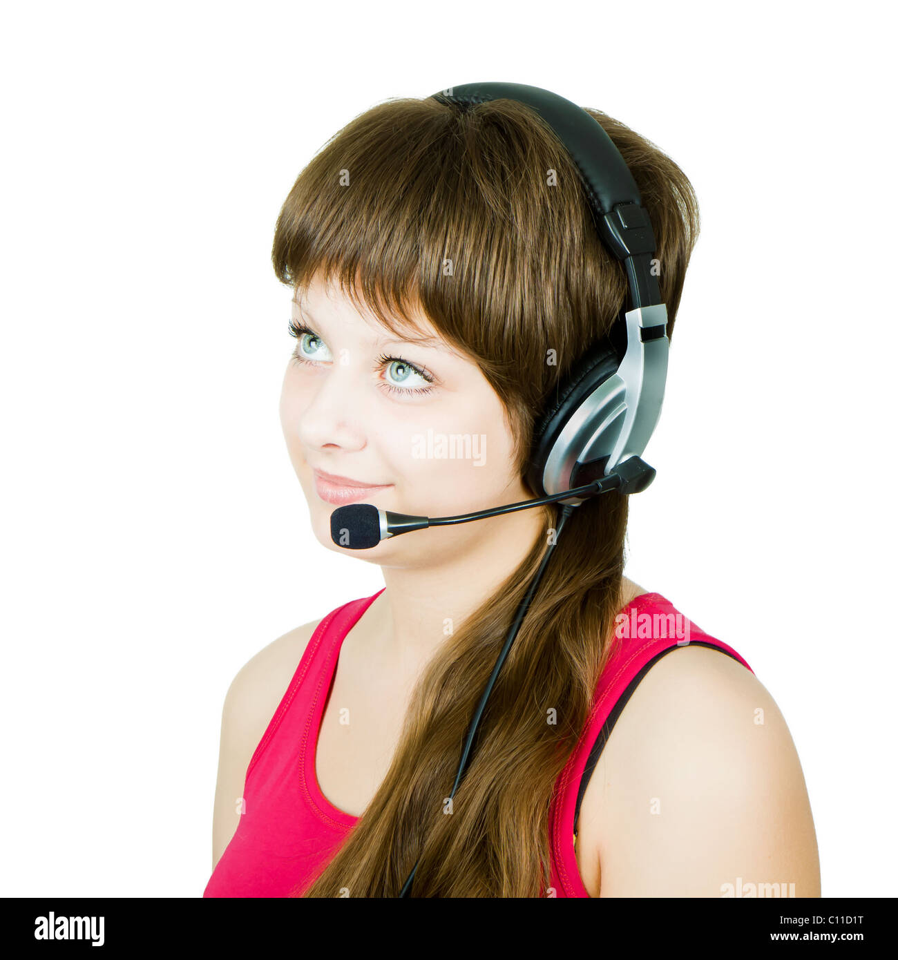 employee hot-line. The girl in headphones with a microphone on an ...