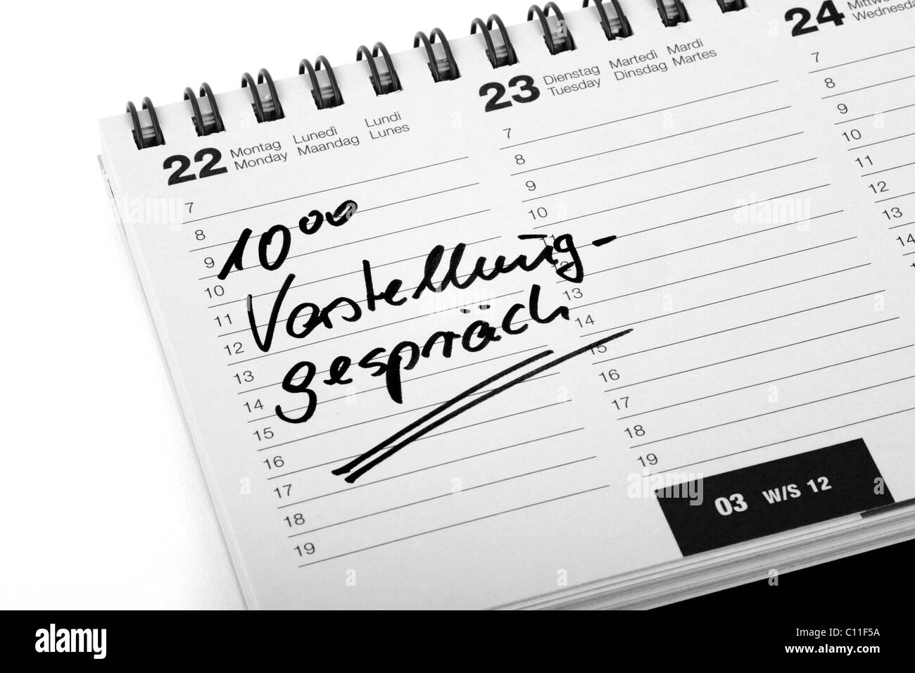 Entry "Vorstellungsgespraech", job interview, in a diary Stock Photo ...