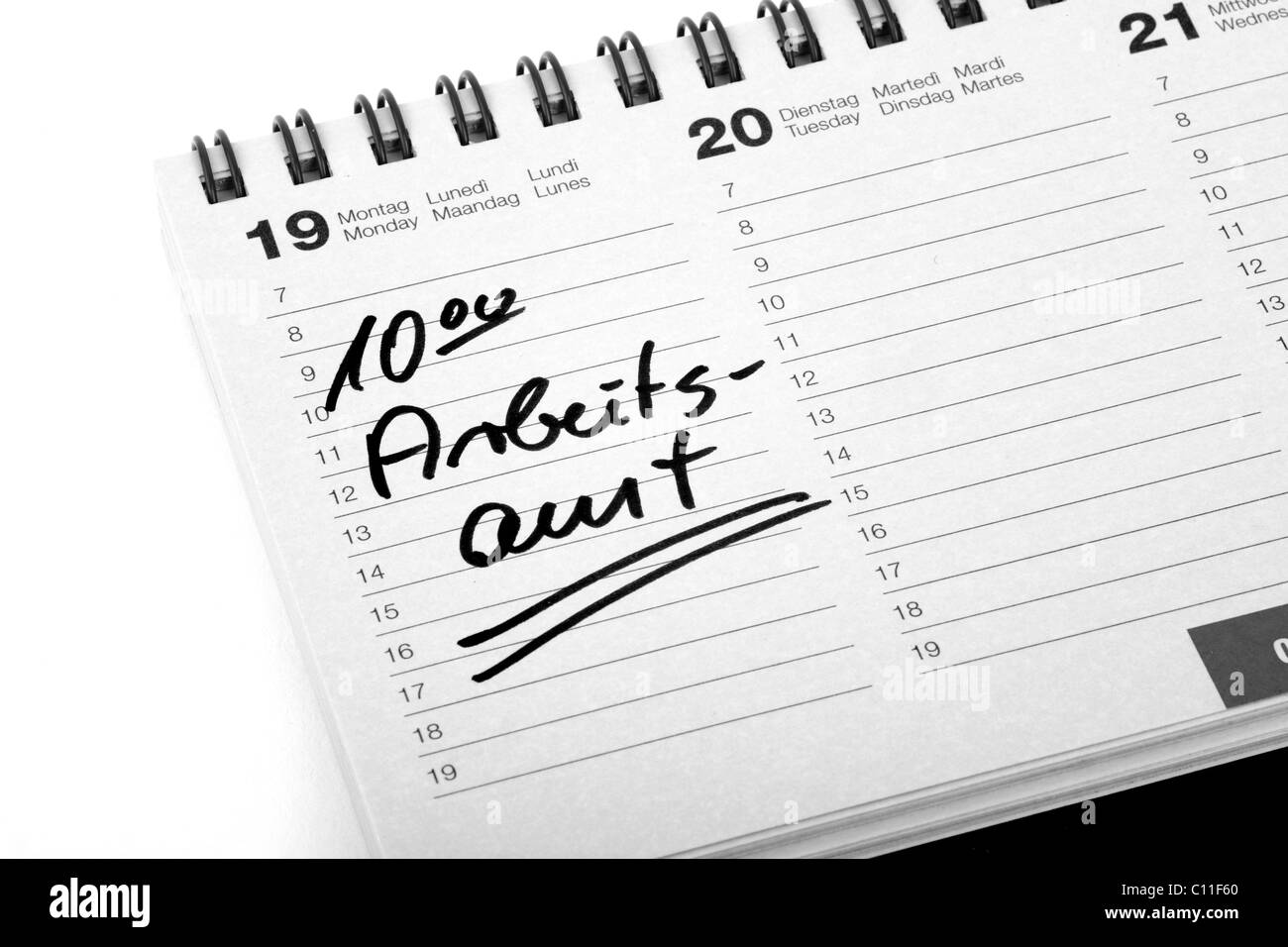 Entry "Arbeitsamt", employment centre, in a diary Stock Photo - Alamy