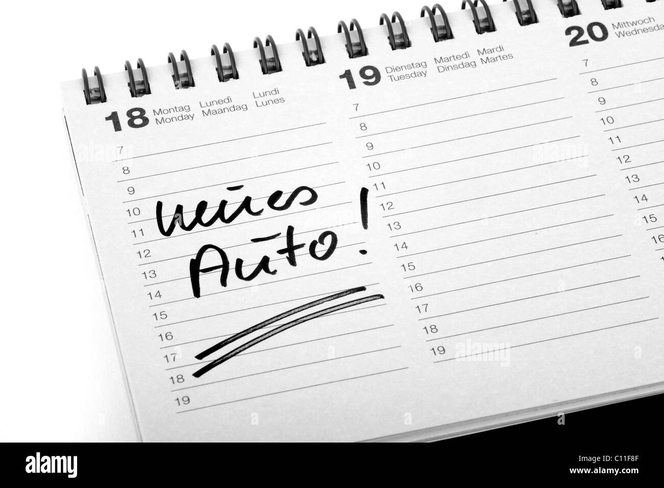 Entry "neues Auto", new car, in a diary Stock Photo - Alamy