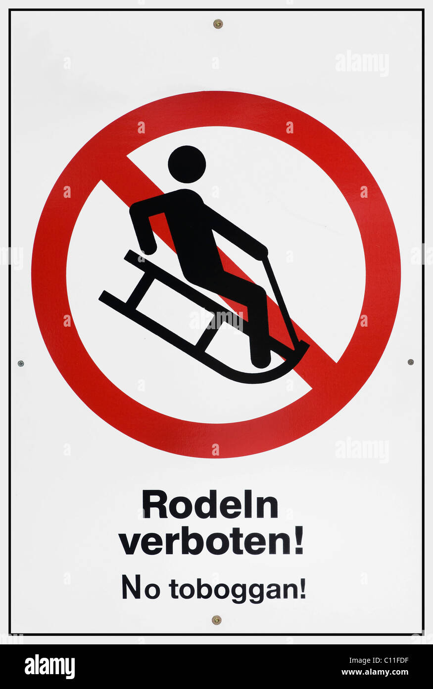 Bilingual prohibitive sign, German, English, with pictogram, Rodeln ...