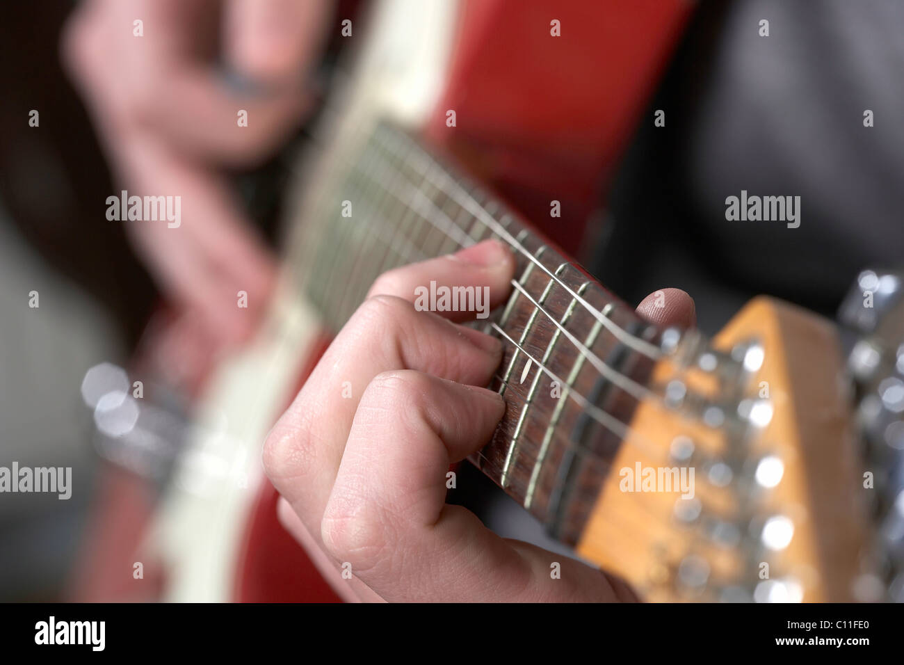 Playing vintage electric telecaster fender guitar. Looking down the ...