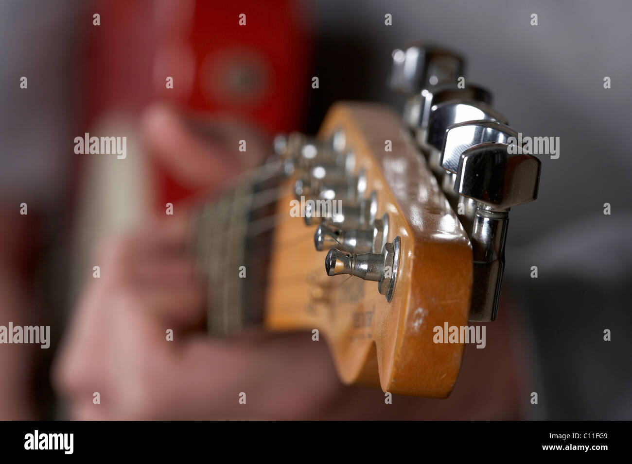 Playing vintage electric telecaster fender guitar. Looking down the ...