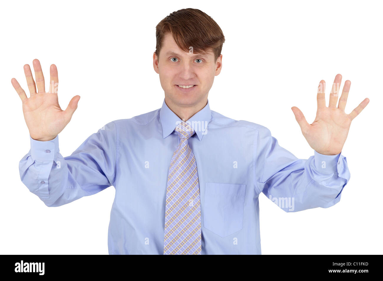 Young man shows gesture of hands - stop Stock Photo - Alamy