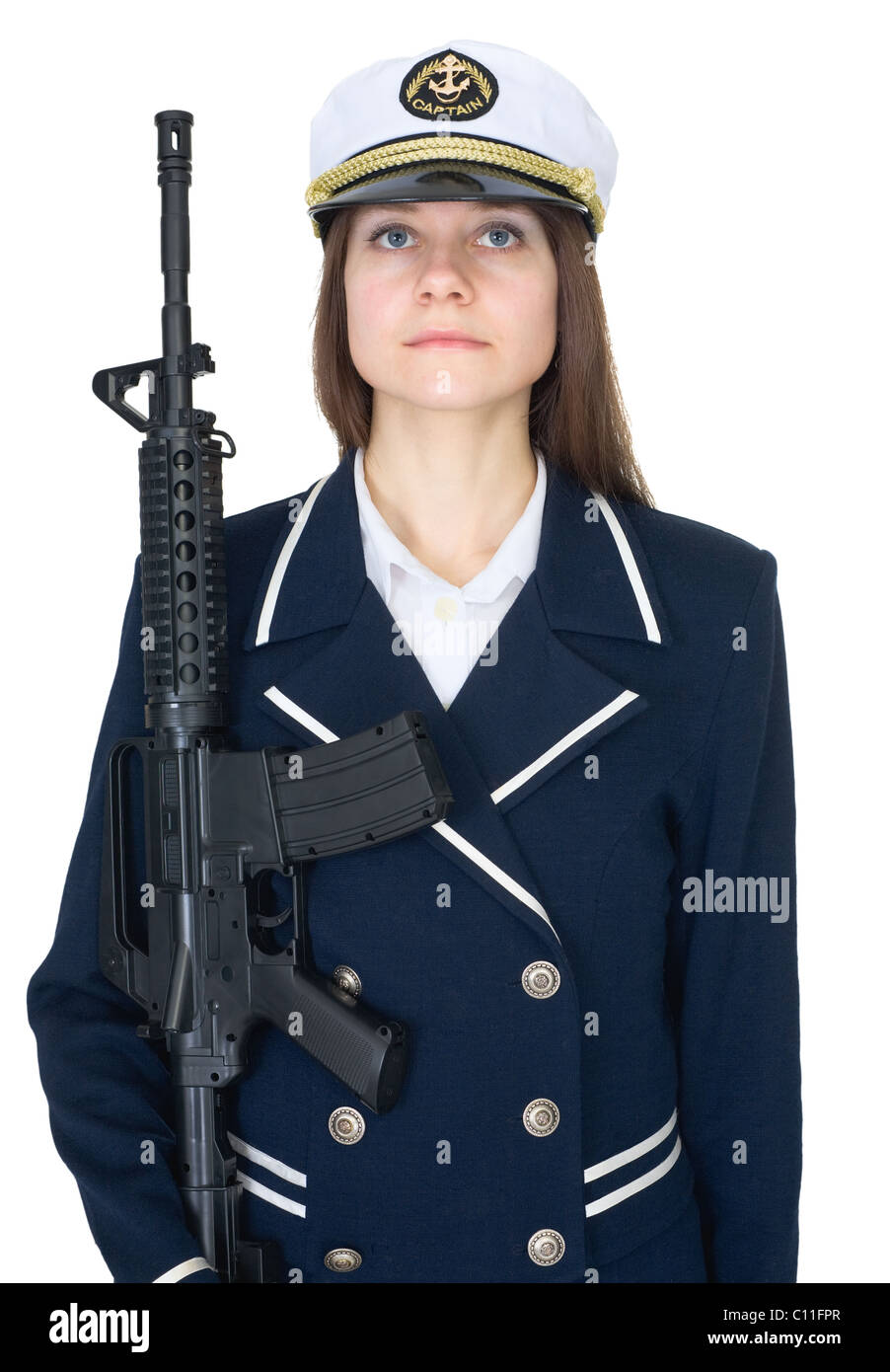 Woman in uniform sea captain with rifle, isolated on white background ...
