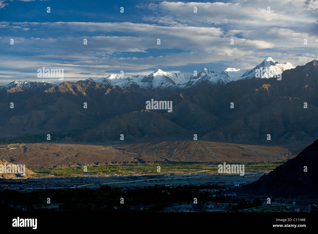 Snow-capped mountains surrounding Leh, seen from the Shanti Stupa, Leh ...