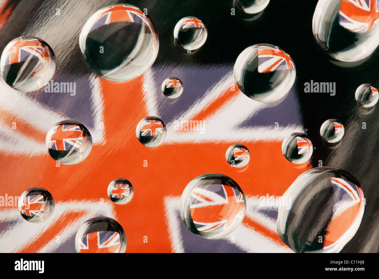 Abstract water droplets reflecting the British Union Jack flag Stock ...