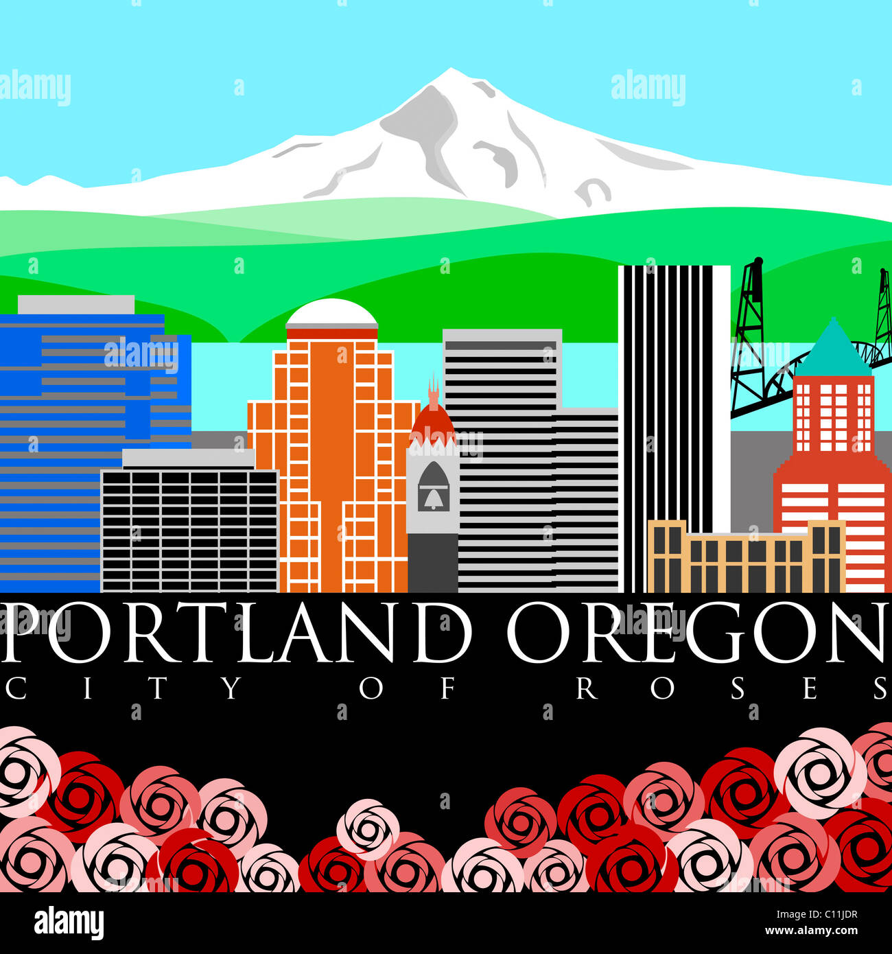 Portland Oregon Downtown Skyline with Mount Hood and River Color ...