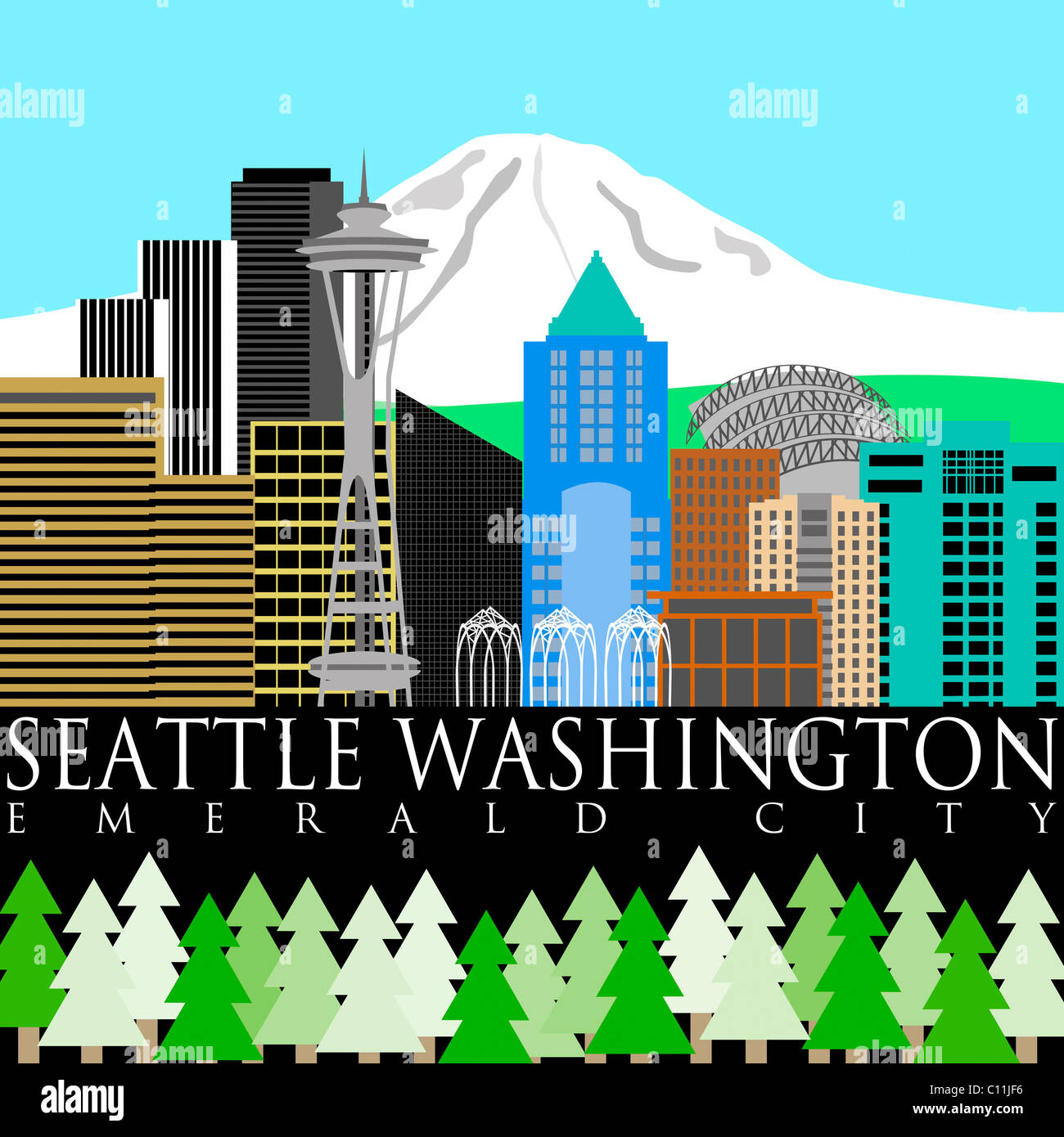 Seattle Washington Downtown Skyline with Mount Rainier Color ...