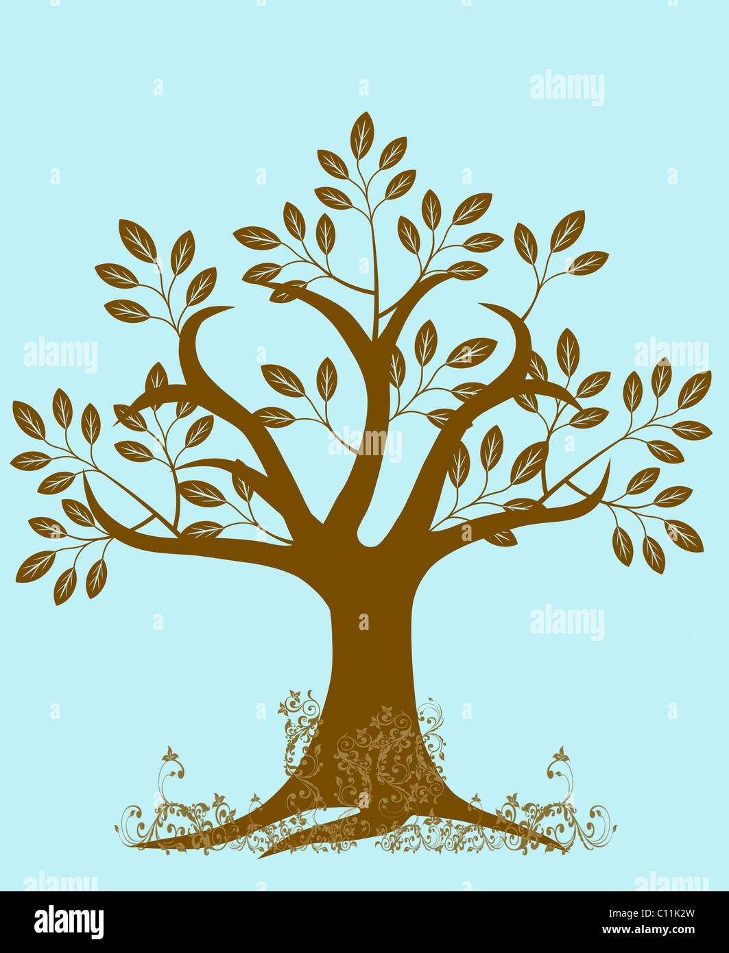 Abstract Tree Silhouette with Leaves and Vines on Blue Background Stock ...