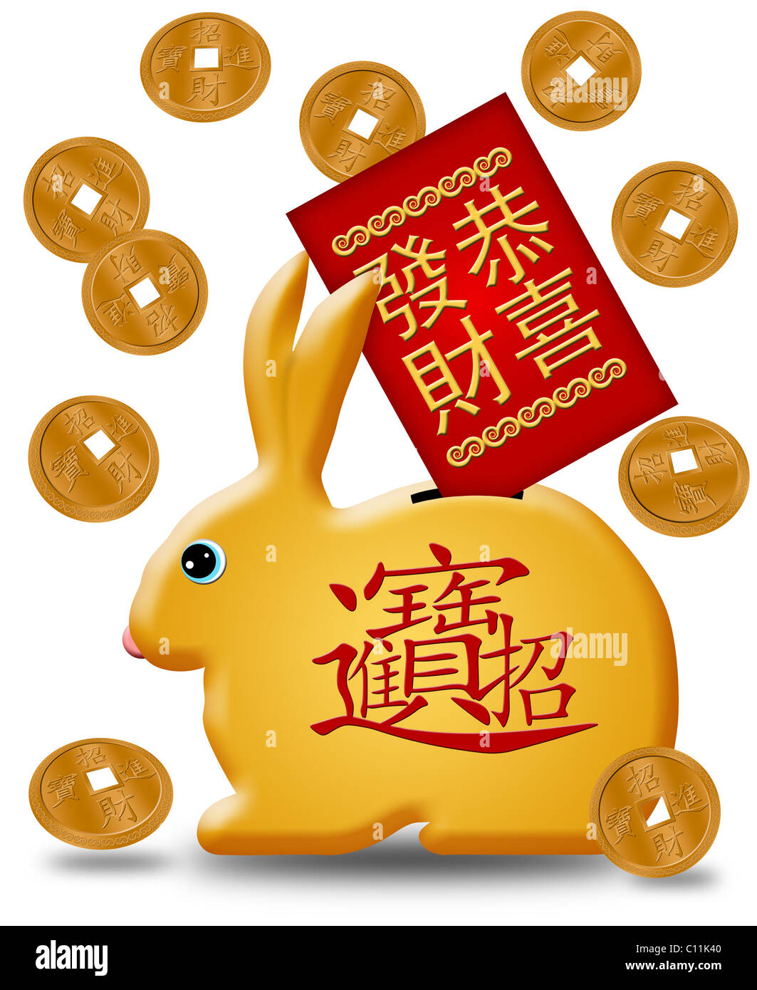Chinese New Year Rabbit Bank Illustration with Red Packet Gold Coins ...