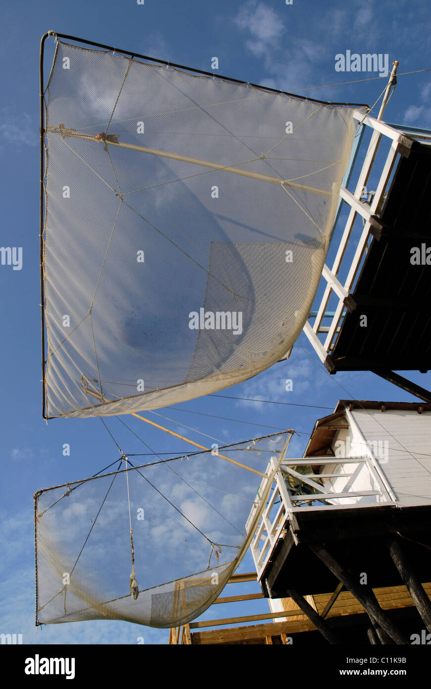 Fishing net of a carrelet, viewed from below, at Saint Palais in France ...