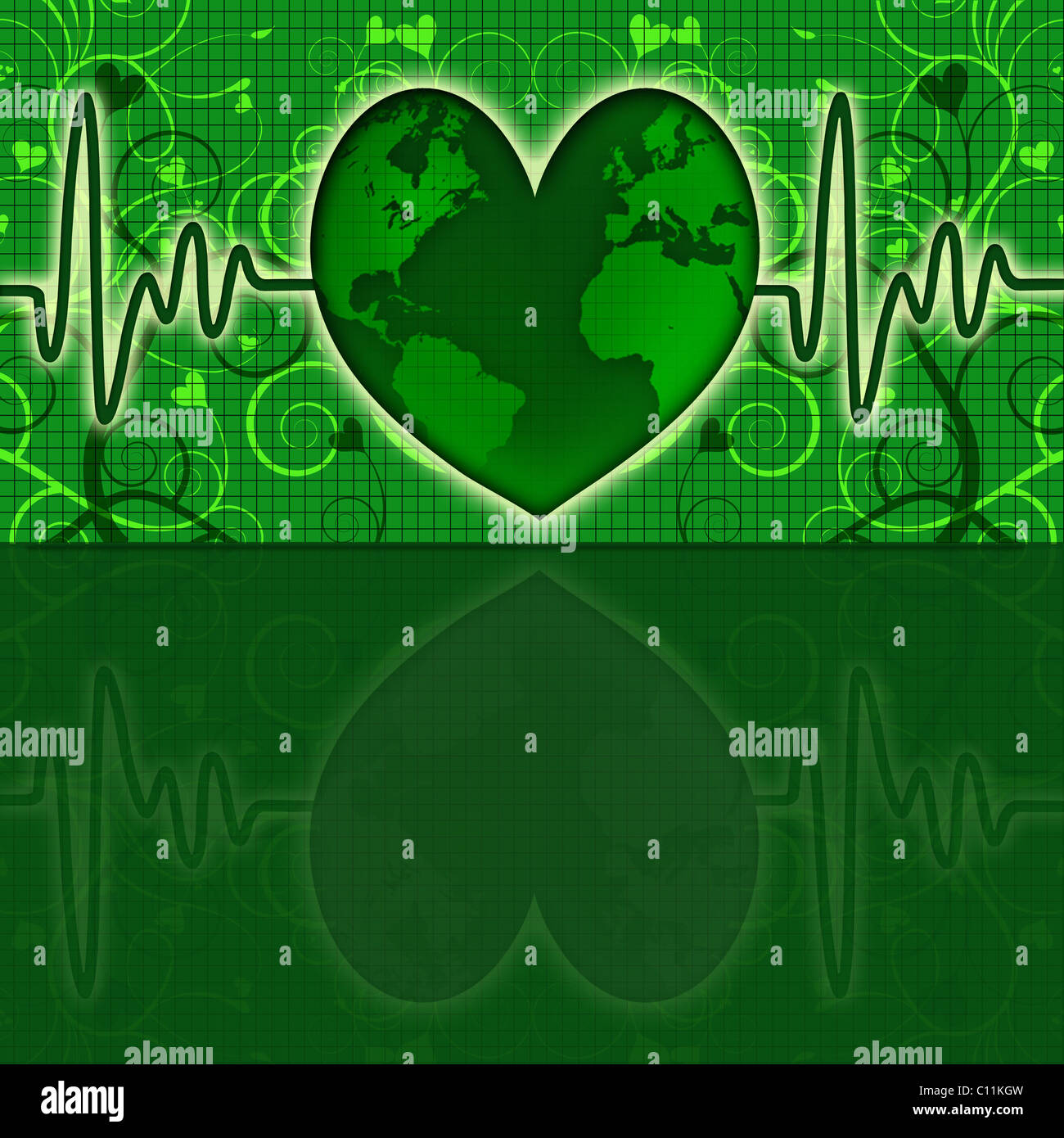 Earth Global Health Map with Green Heart Beat Electrocardiograph Stock ...