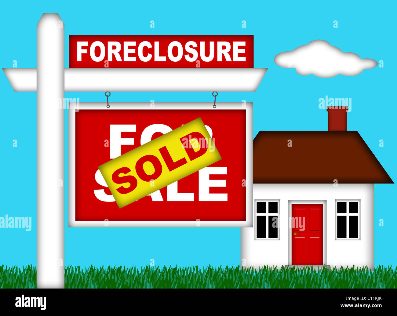 Real Estate Home Foreclosure with Sold Sign Illustration Stock Photo ...