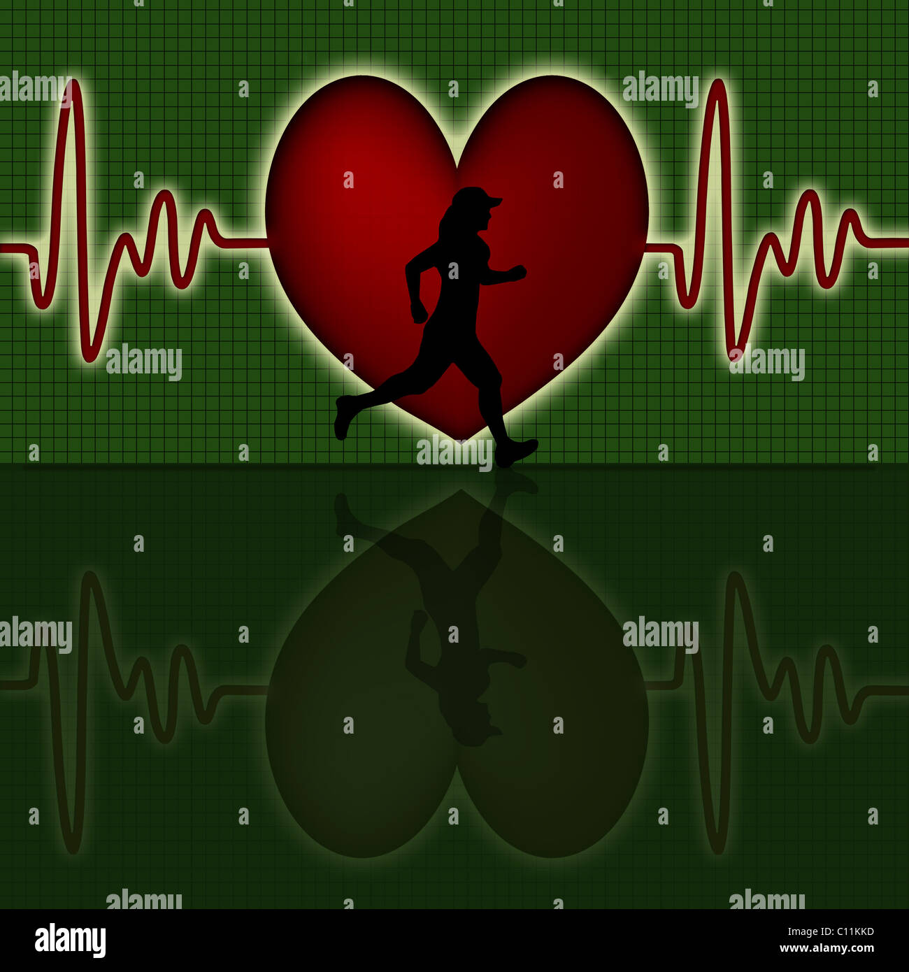 Female Runner Silhouette with Red Heart Beat Electrocardiograph Green ...