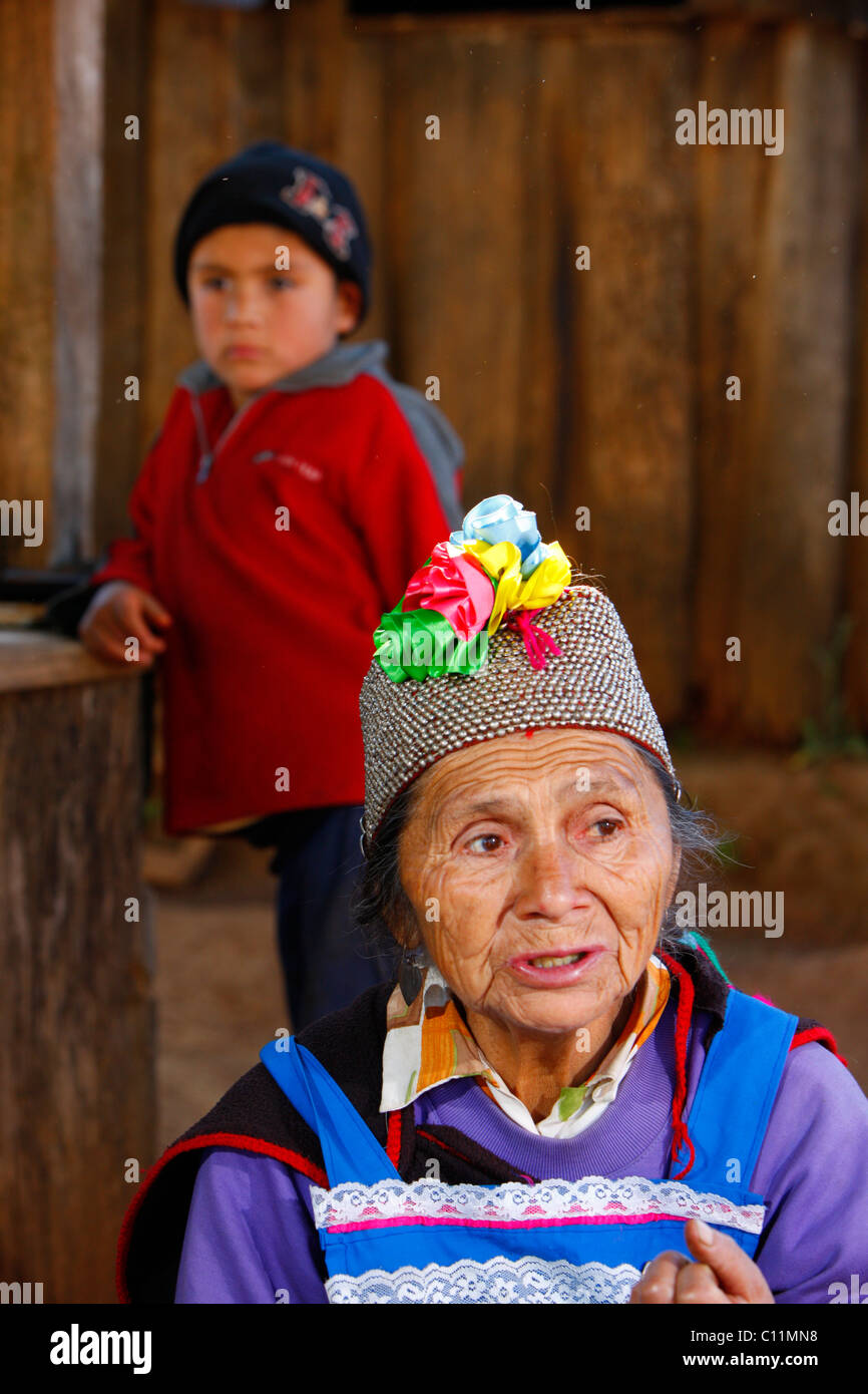 Mapuche woman with a grandson, shaman, Bio-Bio region, Chile, South ...