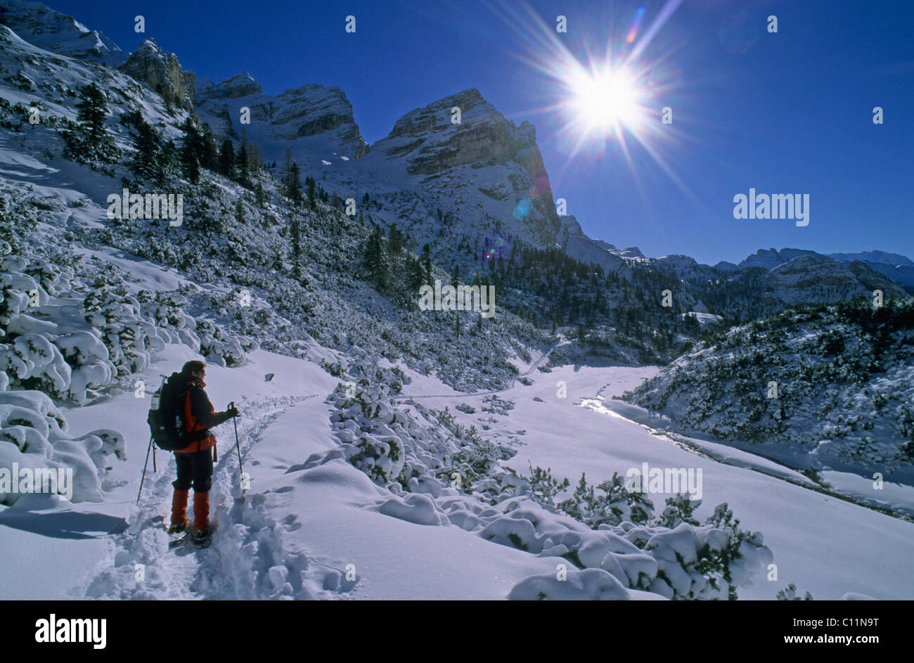 Snowshoe walker at Valun Campestrin in the Fanes group, Val Badia ...
