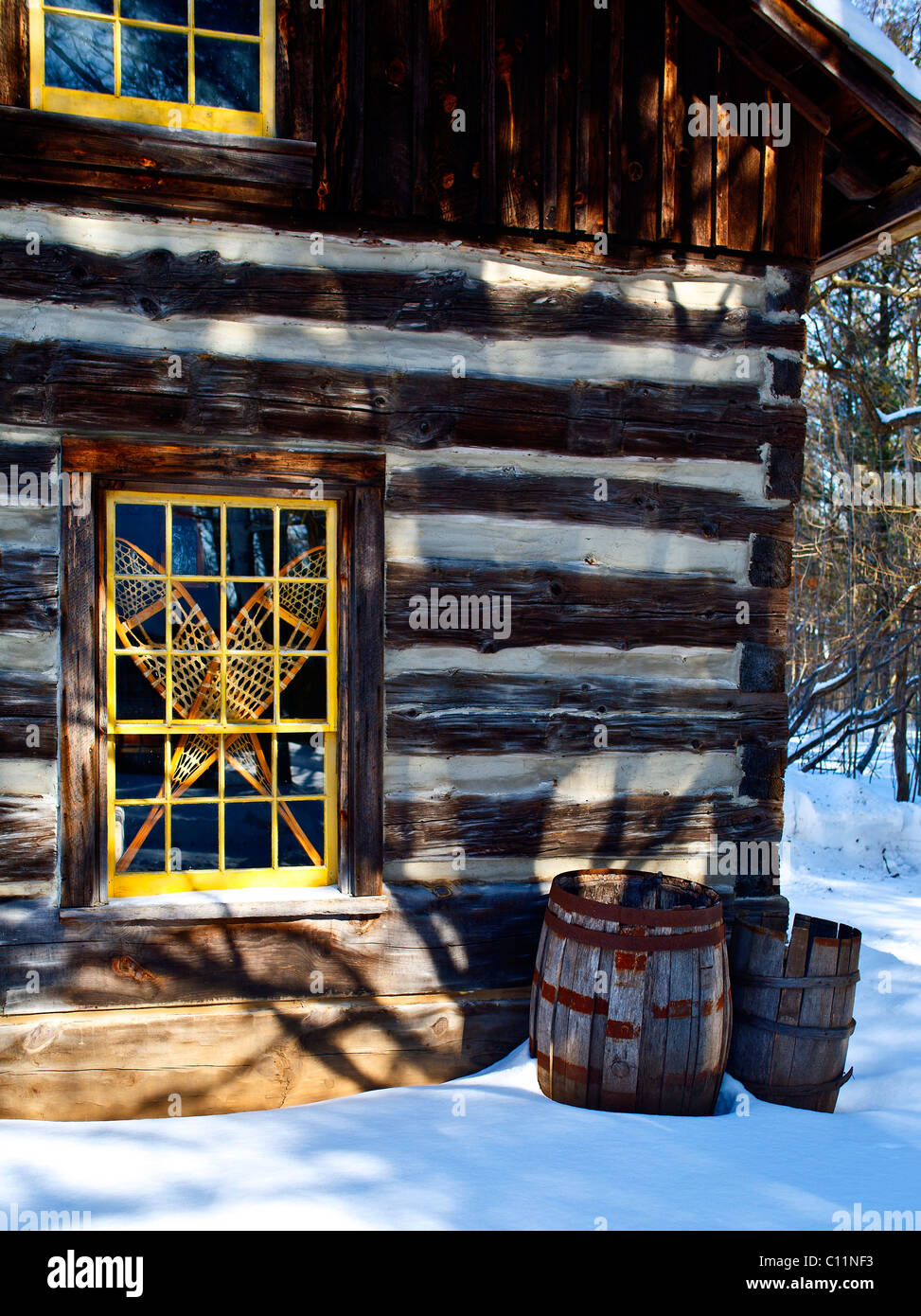 Log cabin in winter Westfield Heritage Village. Rockton ON Canada Stock ...