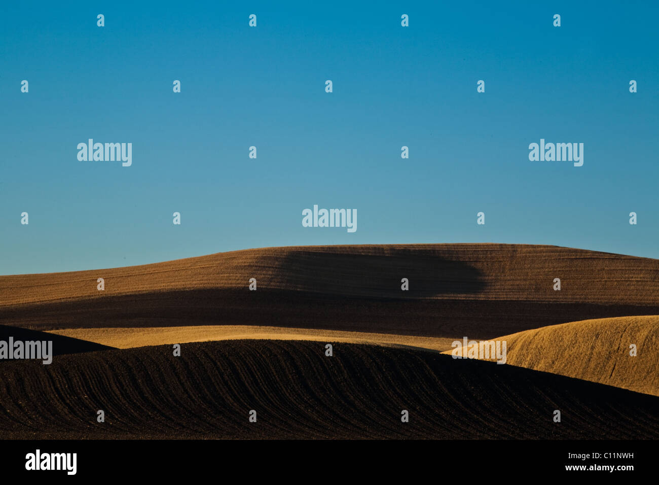 Overlapping contrasts of ploughed fields and stubble fields Stock Photo ...