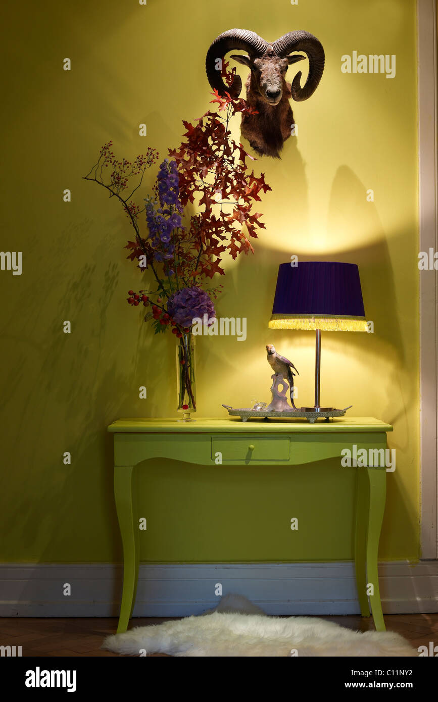 Decorative side table under hunter's trophy, modern colors Stock Photo ...