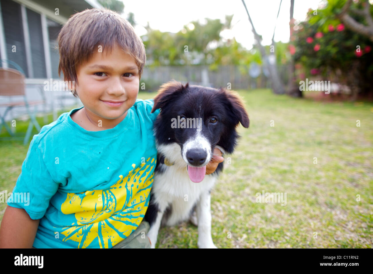 Boy with his Border Collie dog Stock Photo - Alamy