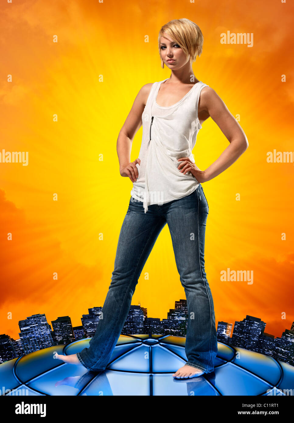 young woman standing on skylight against sunset and skyline in comic ...